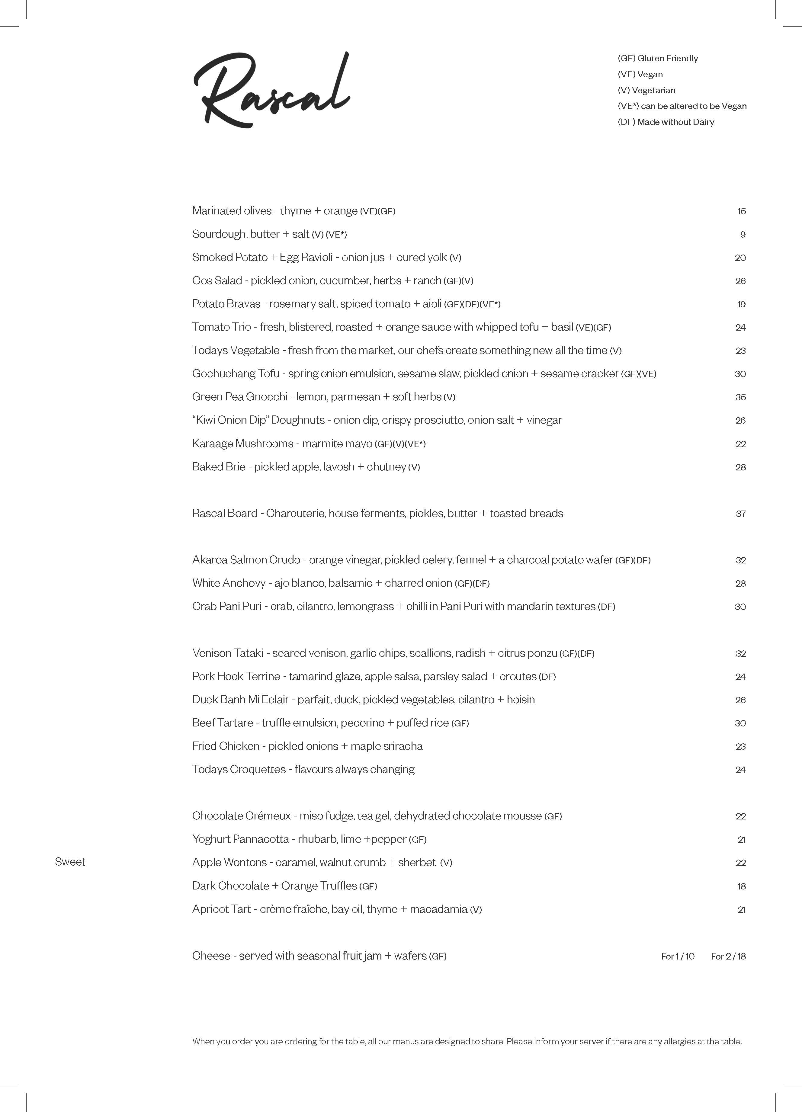 Sample Menu – Rascal