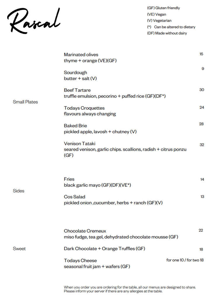 Sample Menu – Rascal