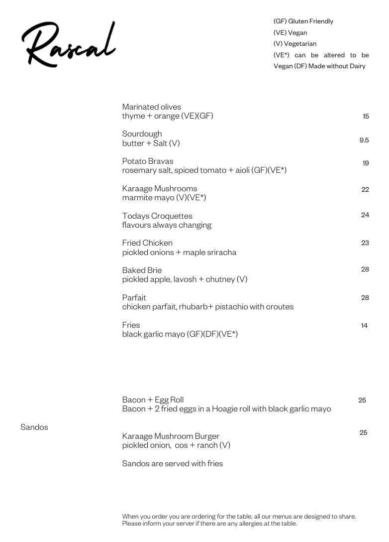 Sample Menu – Rascal